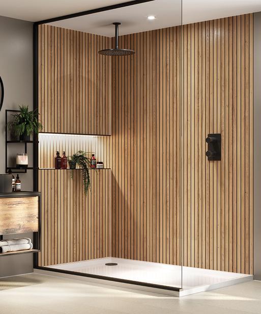 Brown Cuneo Oak Laminate Hydrolock Wall Panel (240cm x 59.8cm) | Topps Tiles