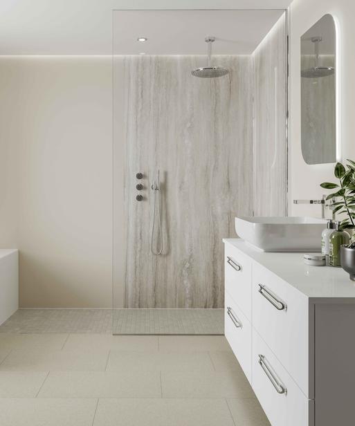 Jupiter Silver Travertine Effect Laminate Wall Panel (240cm x 120cm ...