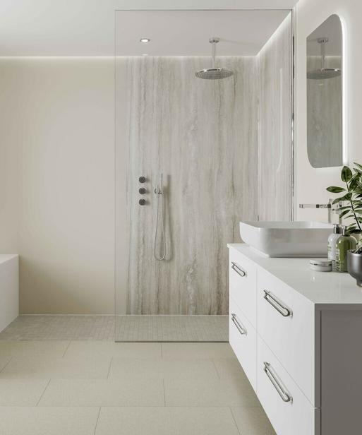 Jupiter Silver Travertine Effect Laminate Hydrolock Wall Panel (240cm x ...