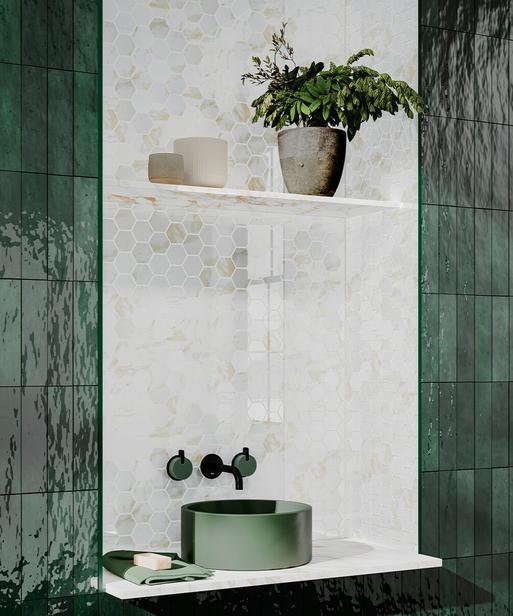 Torrano™ Gold Hexagon Mosaic Tile | Topps Tiles