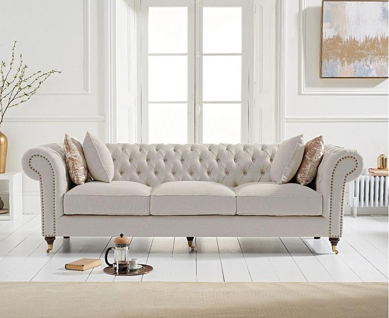 Kensington Chesterfield Ivory Linen 3 Seater Sofa Oak Furniture