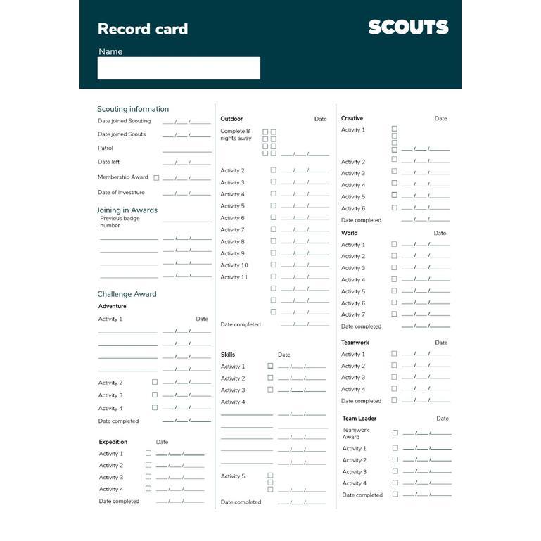 Scouts Record Cards (pack of 10) Leaders